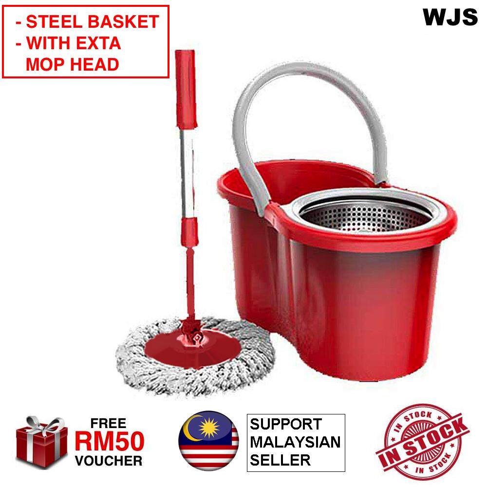 (EXTRA MOP HEAD) WJS Durable Strong Stainless Steel Easy Spin Mop Magic ...