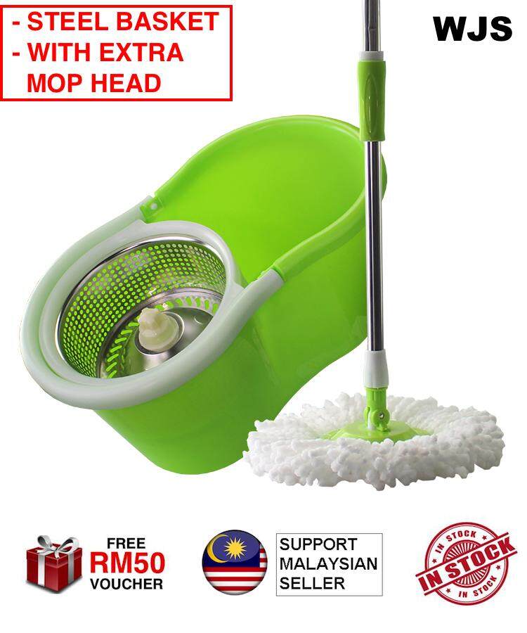 (EXTRA MOP HEAD) WJS Durable Strong Stainless Steel Easy Spin Mop Magic ...