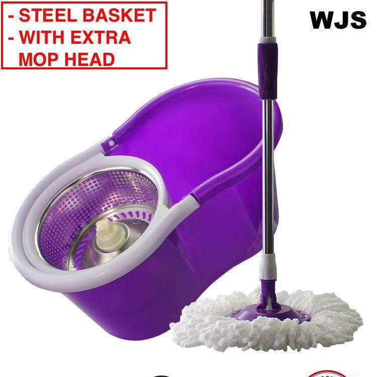 (EXTRA MOP HEAD) WJS Durable Strong Stainless Steel Easy Spin Mop Magic ...