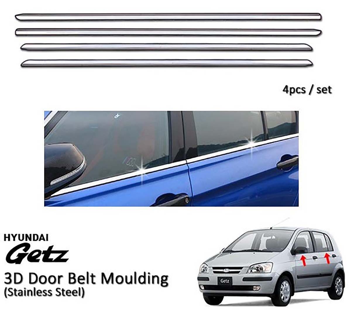 Hyundai Getz Window Trim Chrome Lining Door Belt Moulding 4pcs