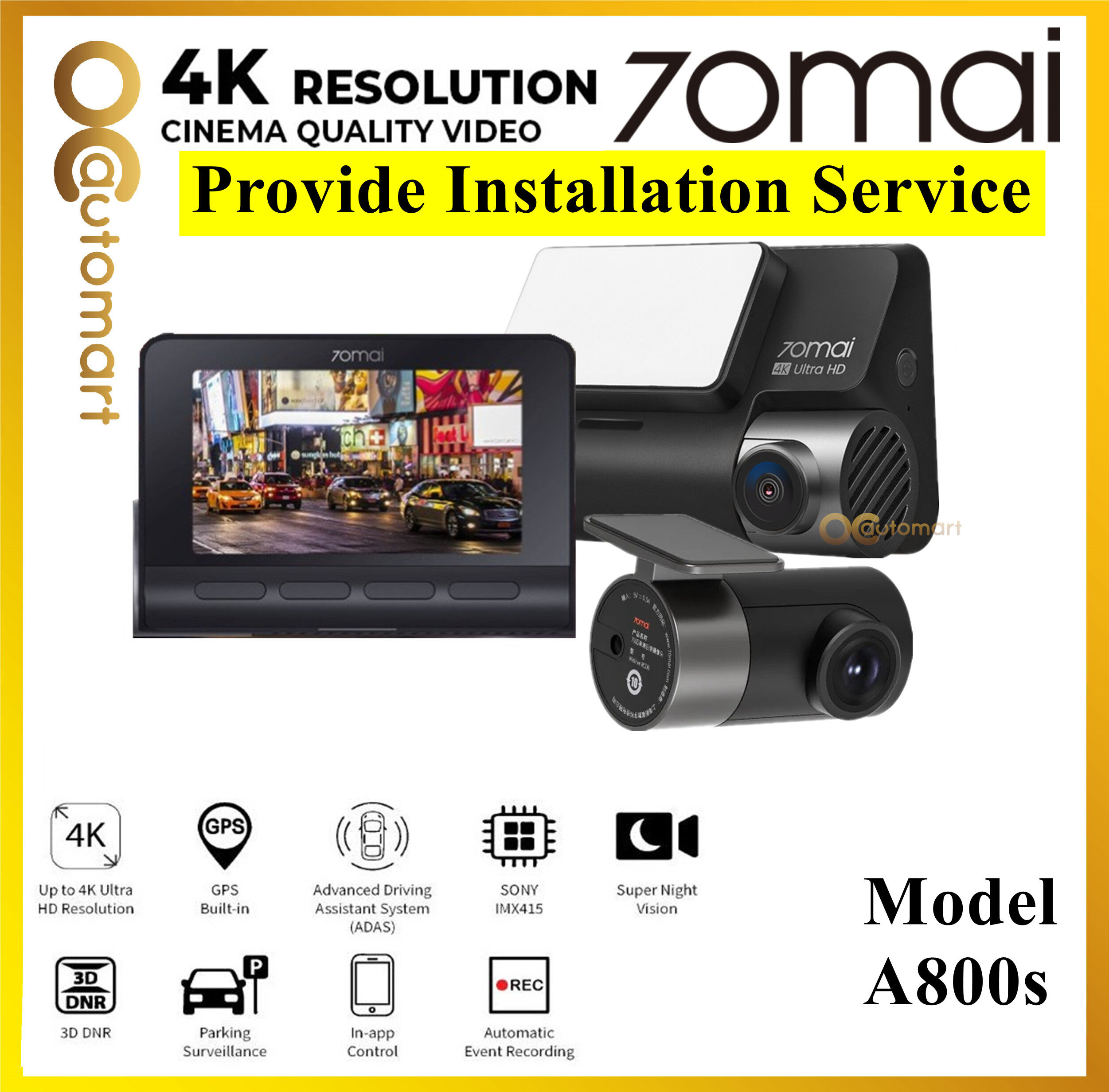 70mai A800s Car Recorder Dual Vision 140 FOV 4K Ultra HD Screen Dash 70mai A800s Car Recorder Dual Vision 140 FOV 4K Ultra HD Screen Dash