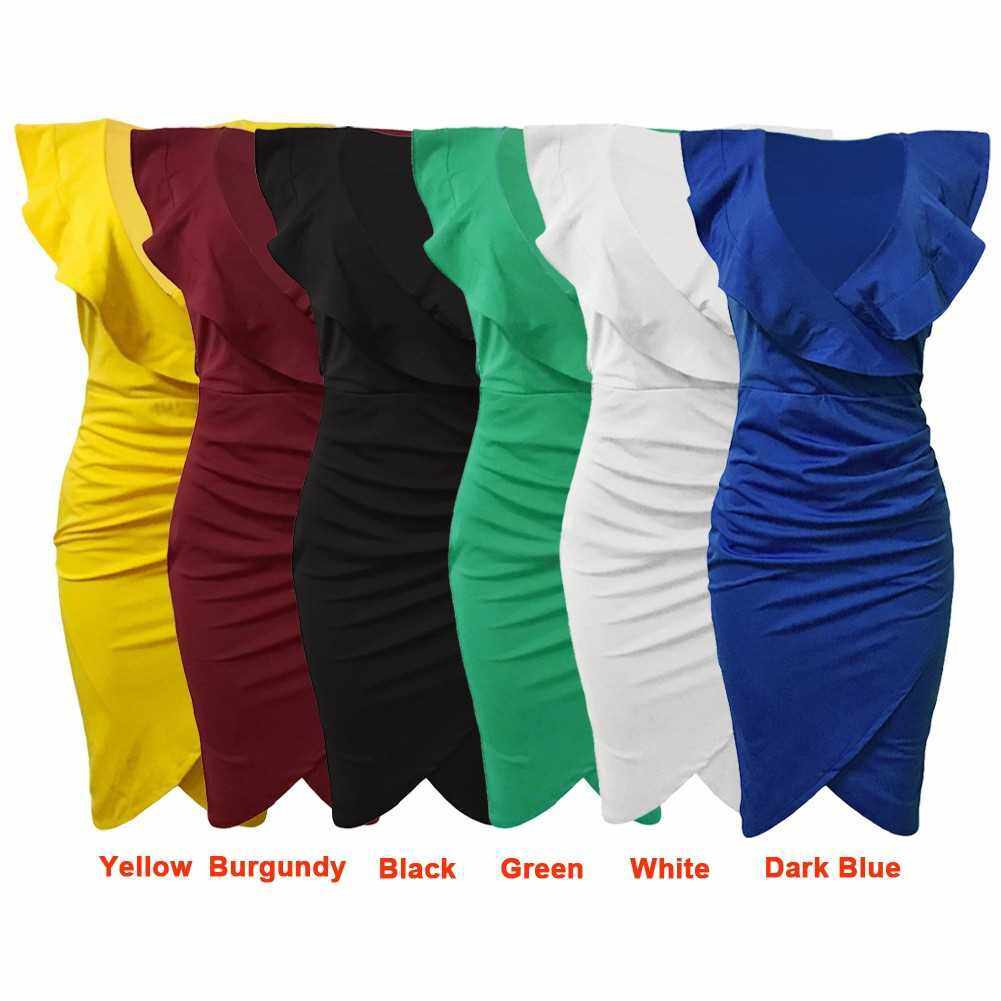 Sexy Women Midi Dress Ruffled Deep V Neck Sleeveless Asymmetric Solid