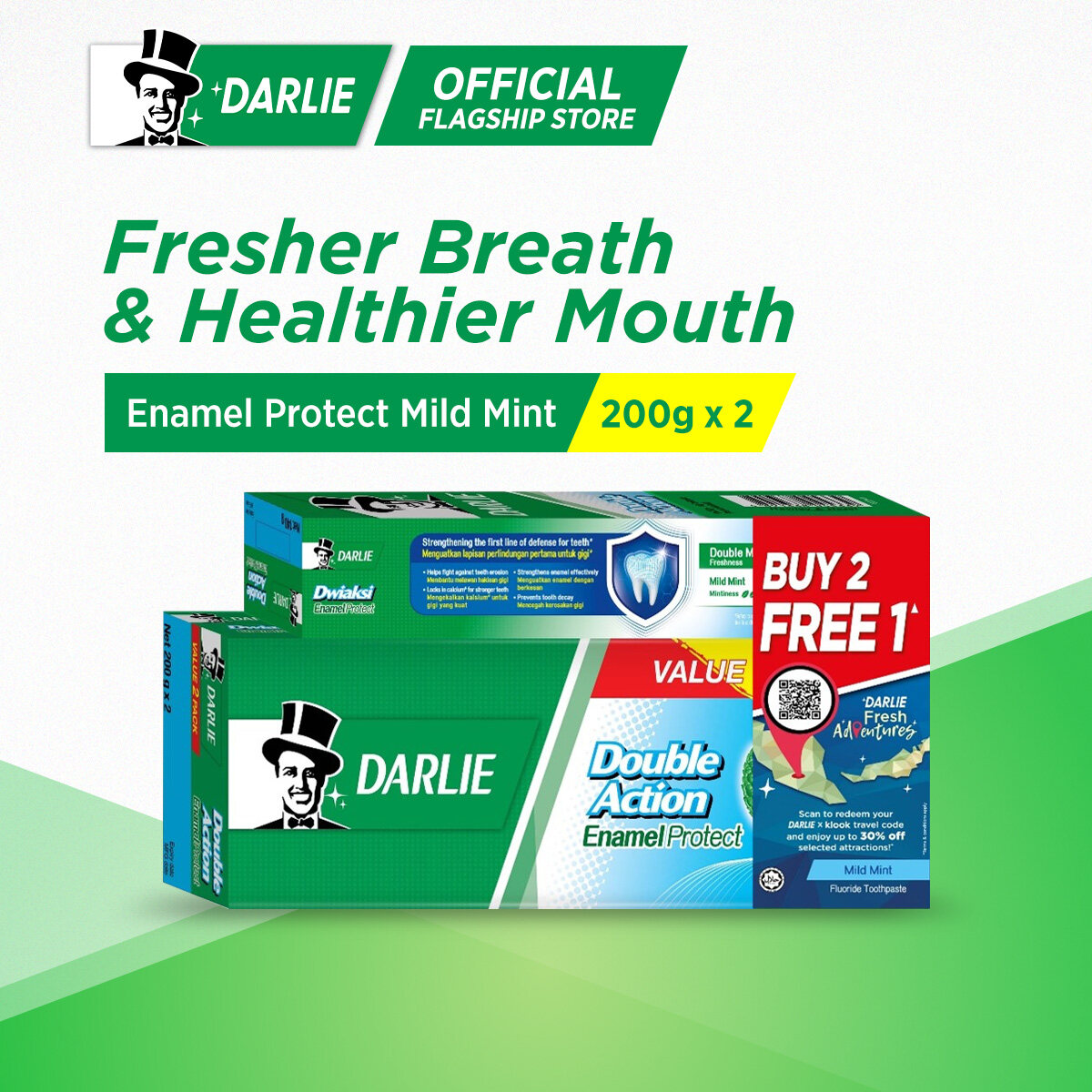 Darlie Double Action Enamel Protect Mild Mint 200G Twin Pack With FREE DDA Enamel Protect Mild ...
