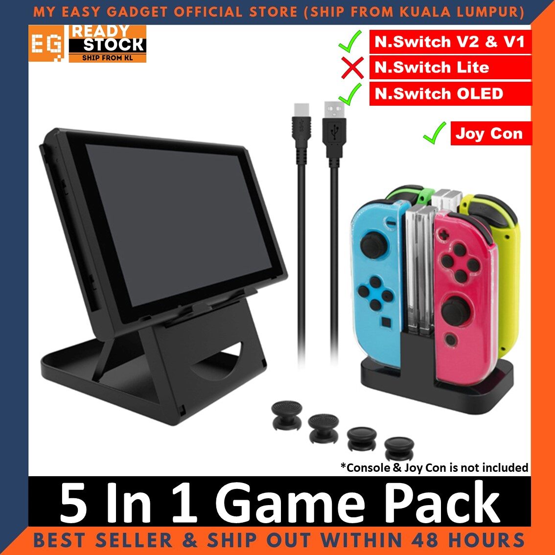 Dobe 5 In 1 Starter Game Pack for Nintendo Switch Joy Con and Console ...
