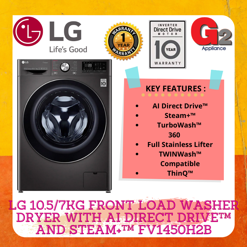 LG 10.5/7kg Front Load Washer Dryer with AI Direct Drive and Steam+ ...
