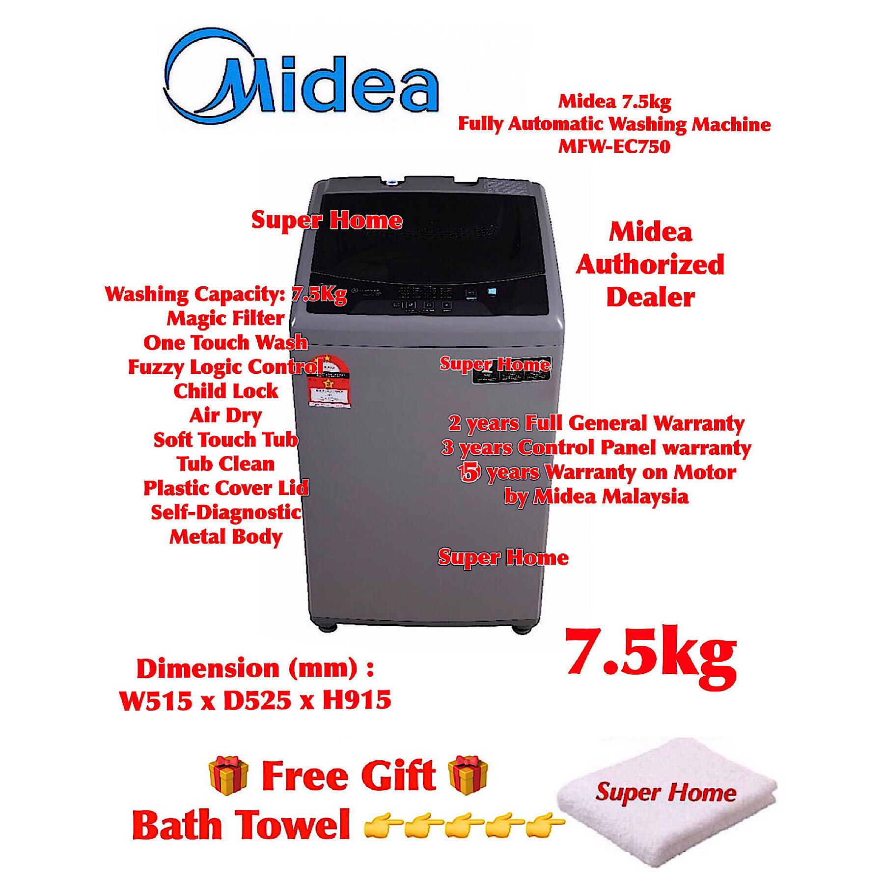 Midea 7.5kg Fully Automatic Washing Machine MFW-EC750 + Free Gift Bath ...