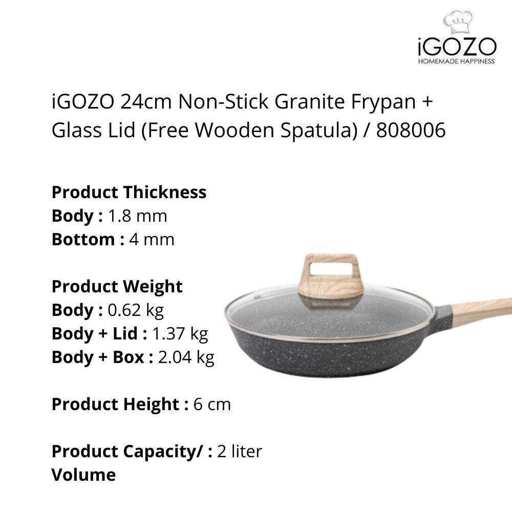 iGOZO 24cm / 26cm Non-Stick Granite Frypan with Glass Lid (Free Wooden ...