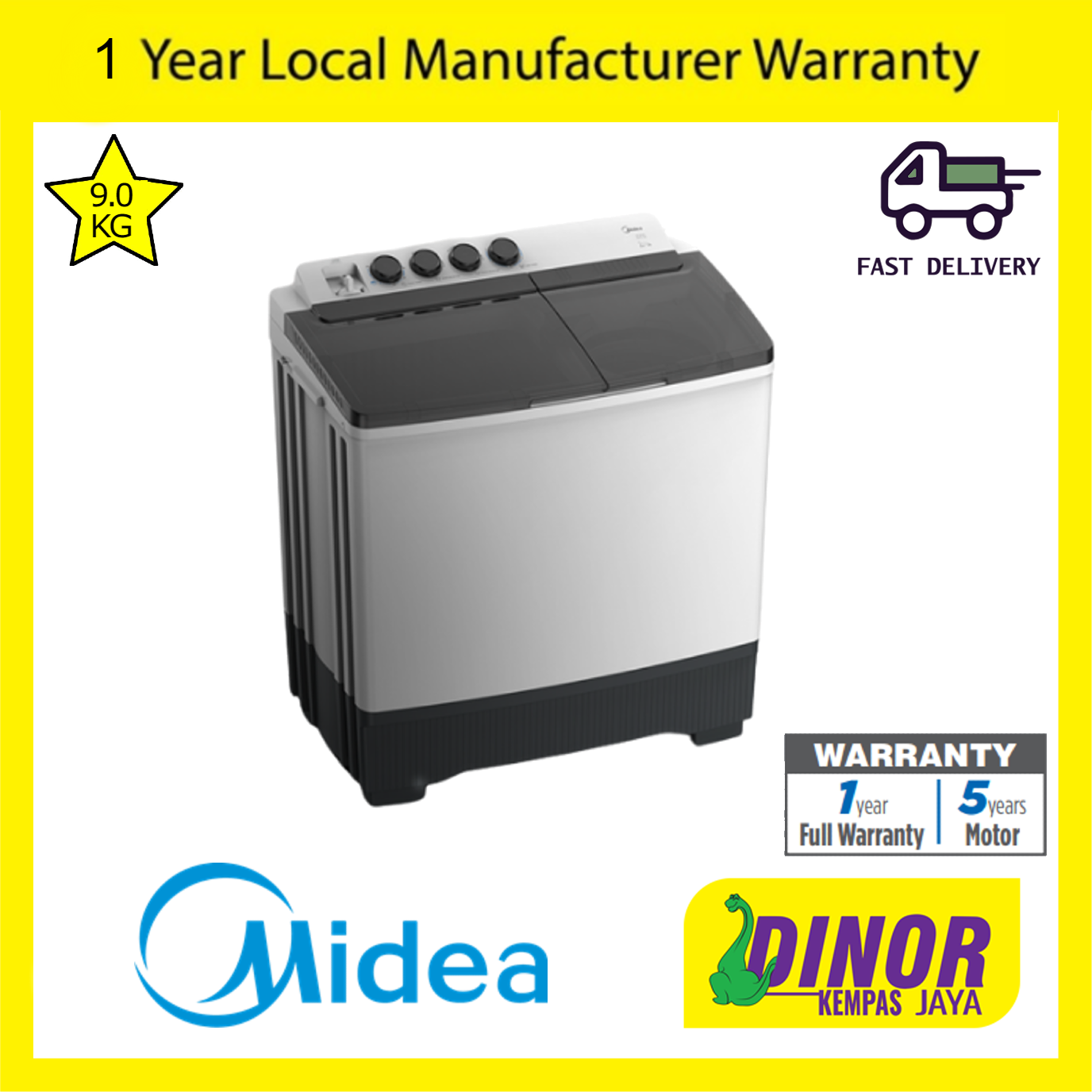 Midea 9.0KG Twin Tub Semi Auto Washing Machine MT100W90 White | New PGMall