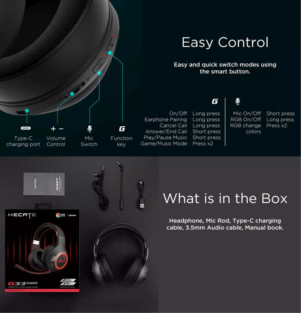 Edifier G33BT RGB Bluetooth Gaming Headset up to 48 Hours Playtime / 3 ...