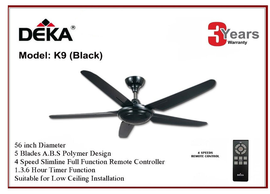 Deka 5 Blade Ceiling Fan with Remote Control 56” Kipas ceiling DFK9BK K9 Black | New PGMall