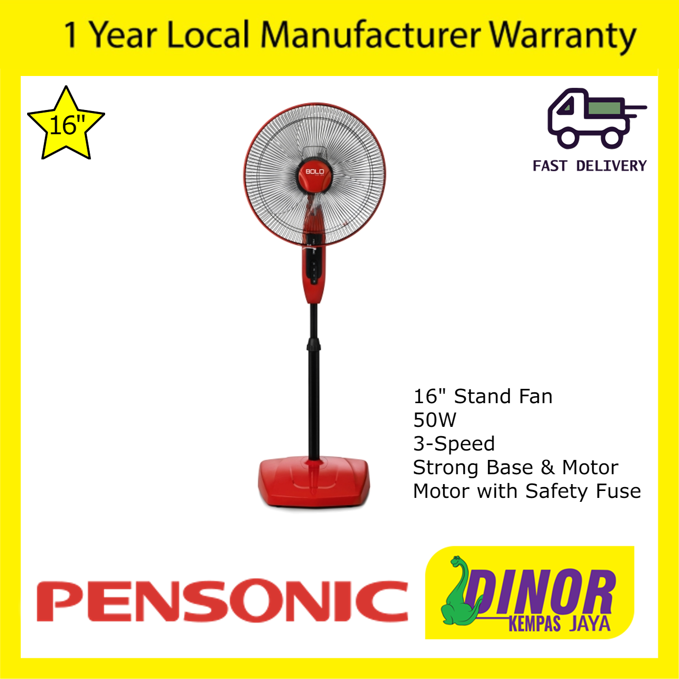 Pensonic 16" Stand Fan PSF-4502 3 Speed 50W Red | PGMall