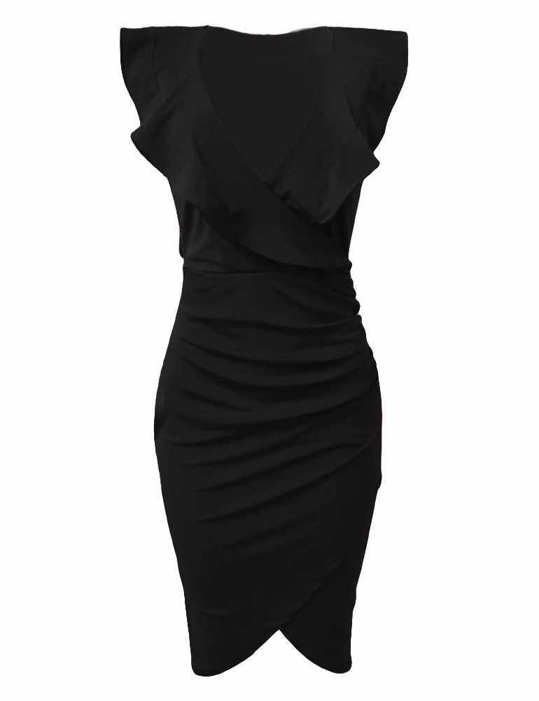 Sexy Women Midi Dress Ruffled Deep V Neck Sleeveless Asymmetric Solid