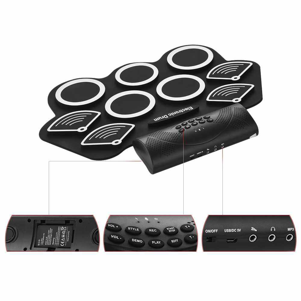 Portable Electronic Drum Kit Hand Roll Drum Set 9 Silicon Pads Built-in ...