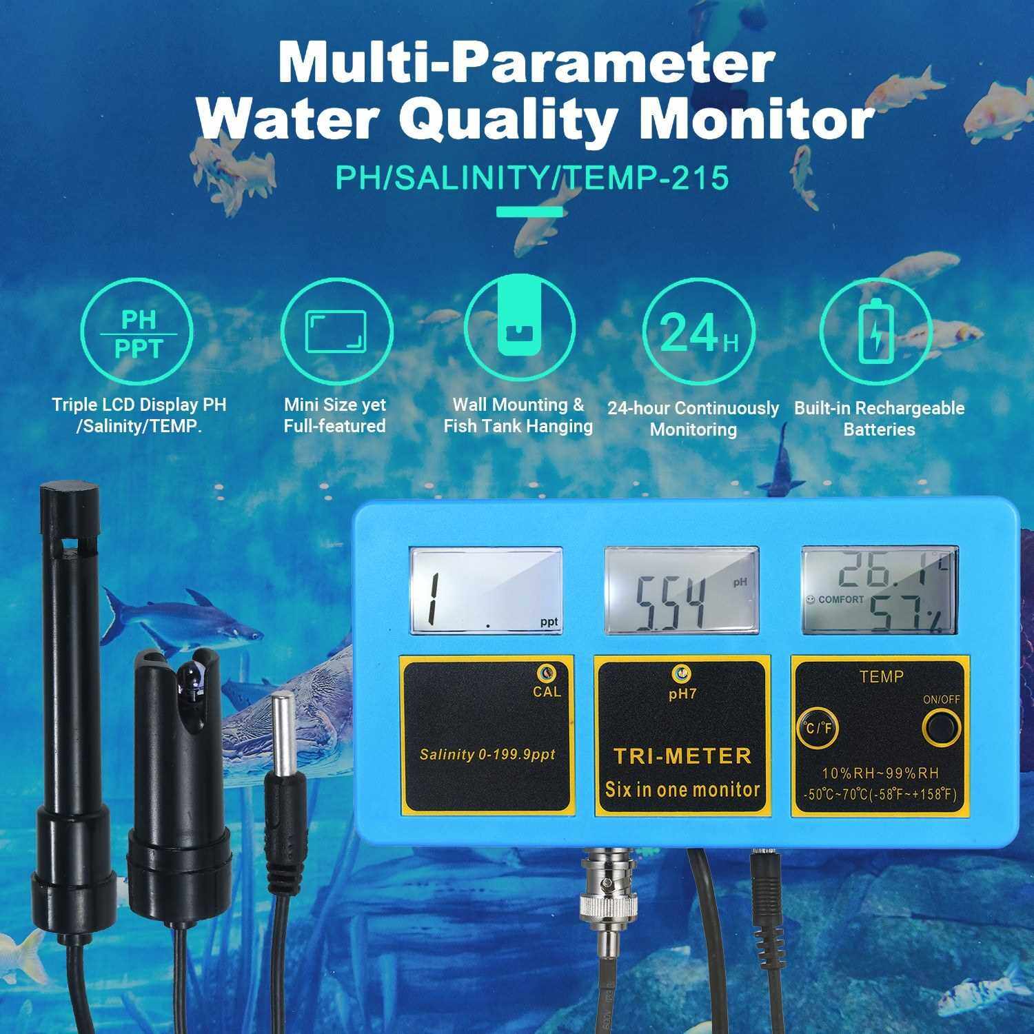 230V Multi-functional Water Quality Monitor 3-in-1 PH/Salinity/TEMP ...