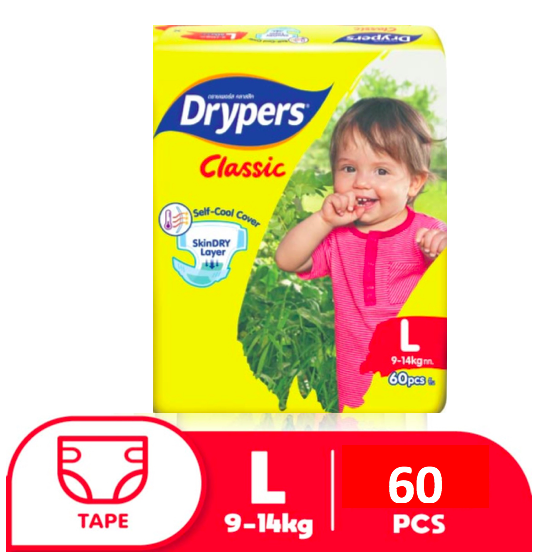 Drypers Classic Open L (9-14kg) 60 x 1 packs 60 Pcs / Baby Diapers ...