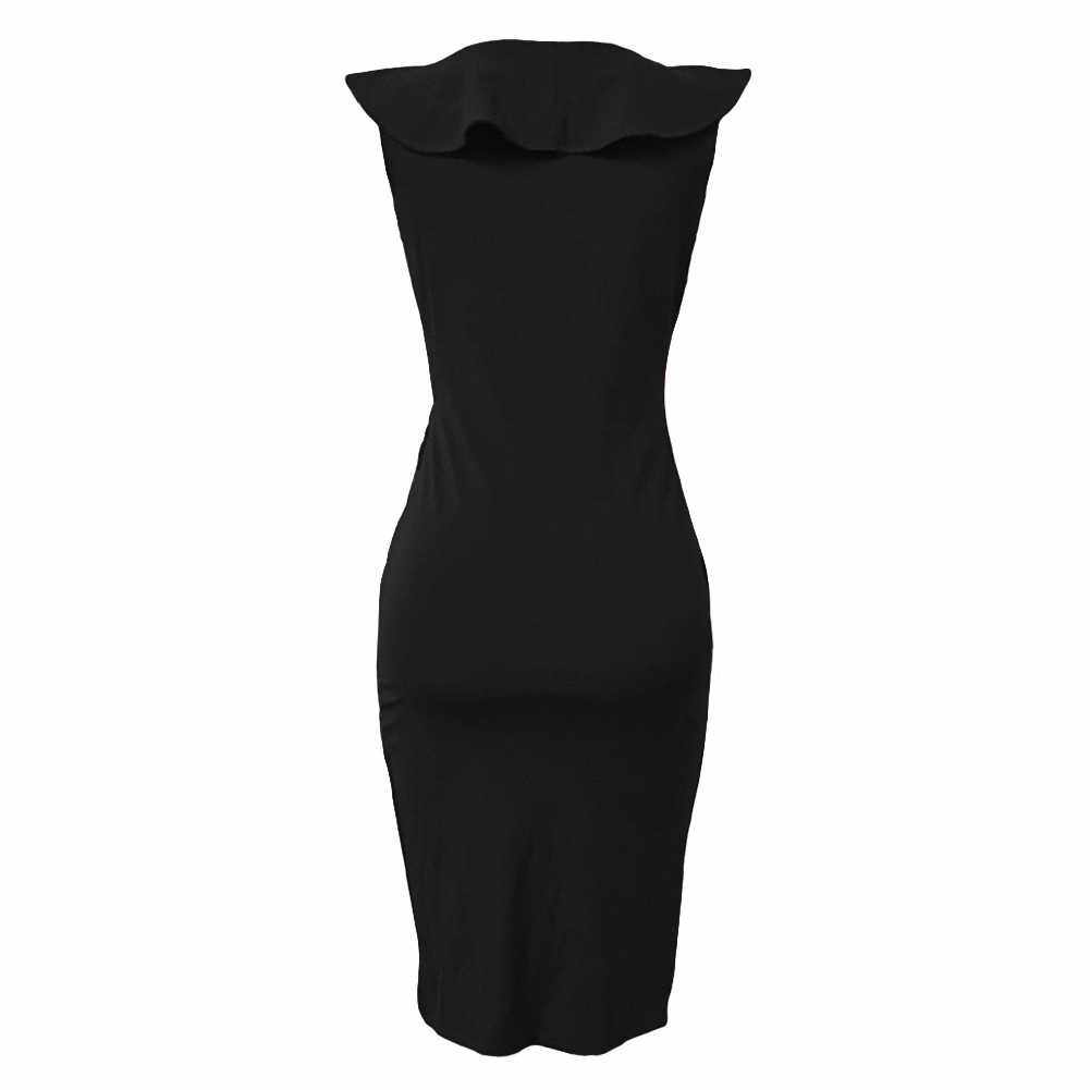 Sexy Women Midi Dress Ruffled Deep V Neck Sleeveless Asymmetric Solid