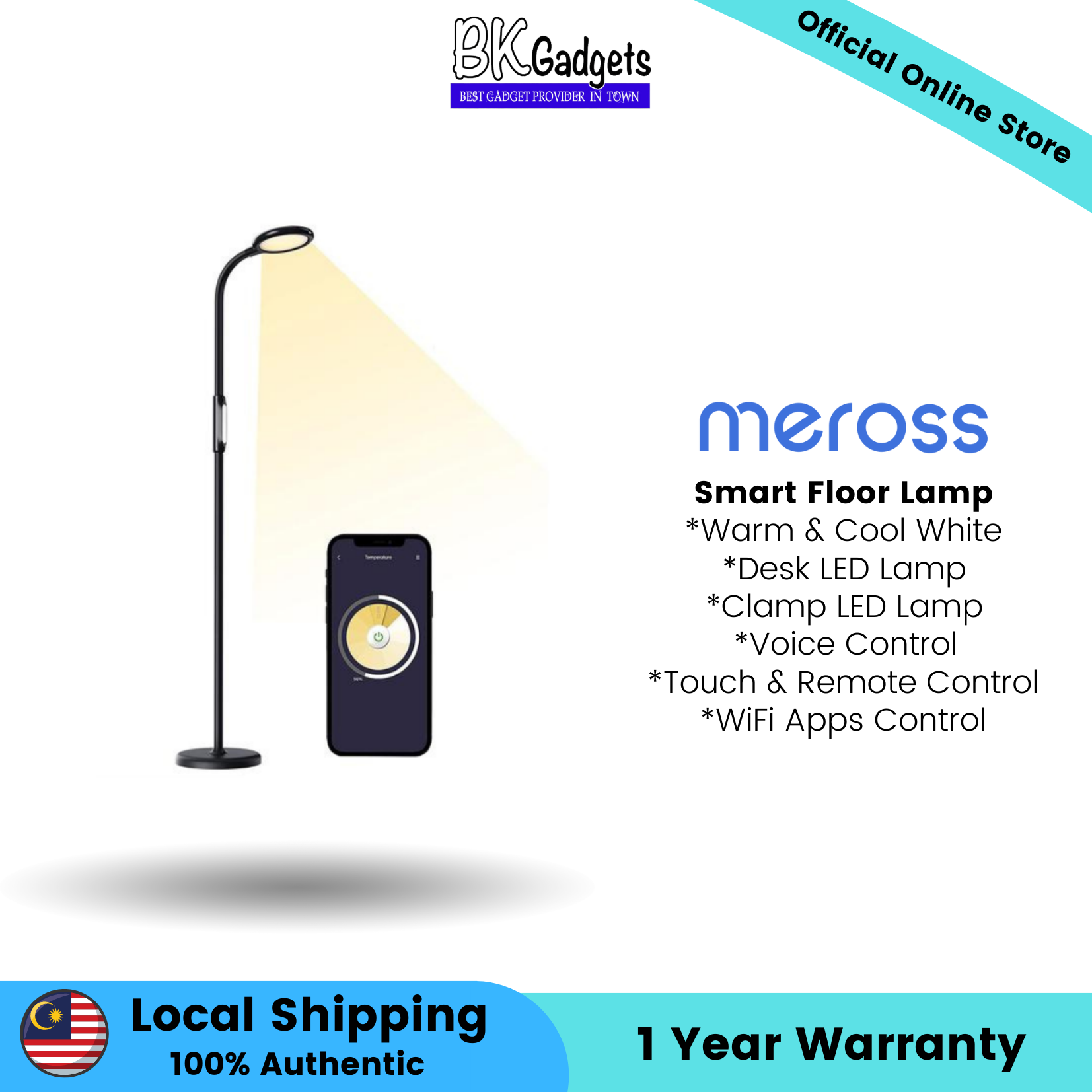 Meross Smart Floor Lamp | Touch And Remote Control | Warm & Cool White ...