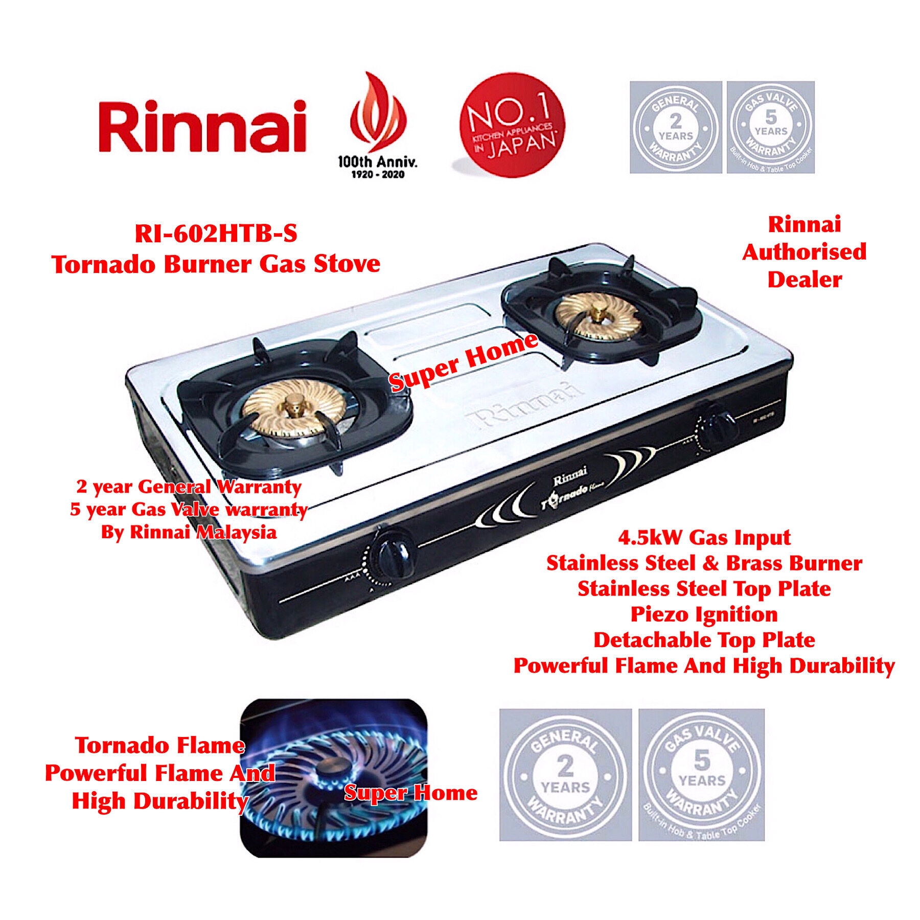 Rinnai Gas Cooker RI-602HTB-S Tornado Burner Table Top Gas Stove Normal ...