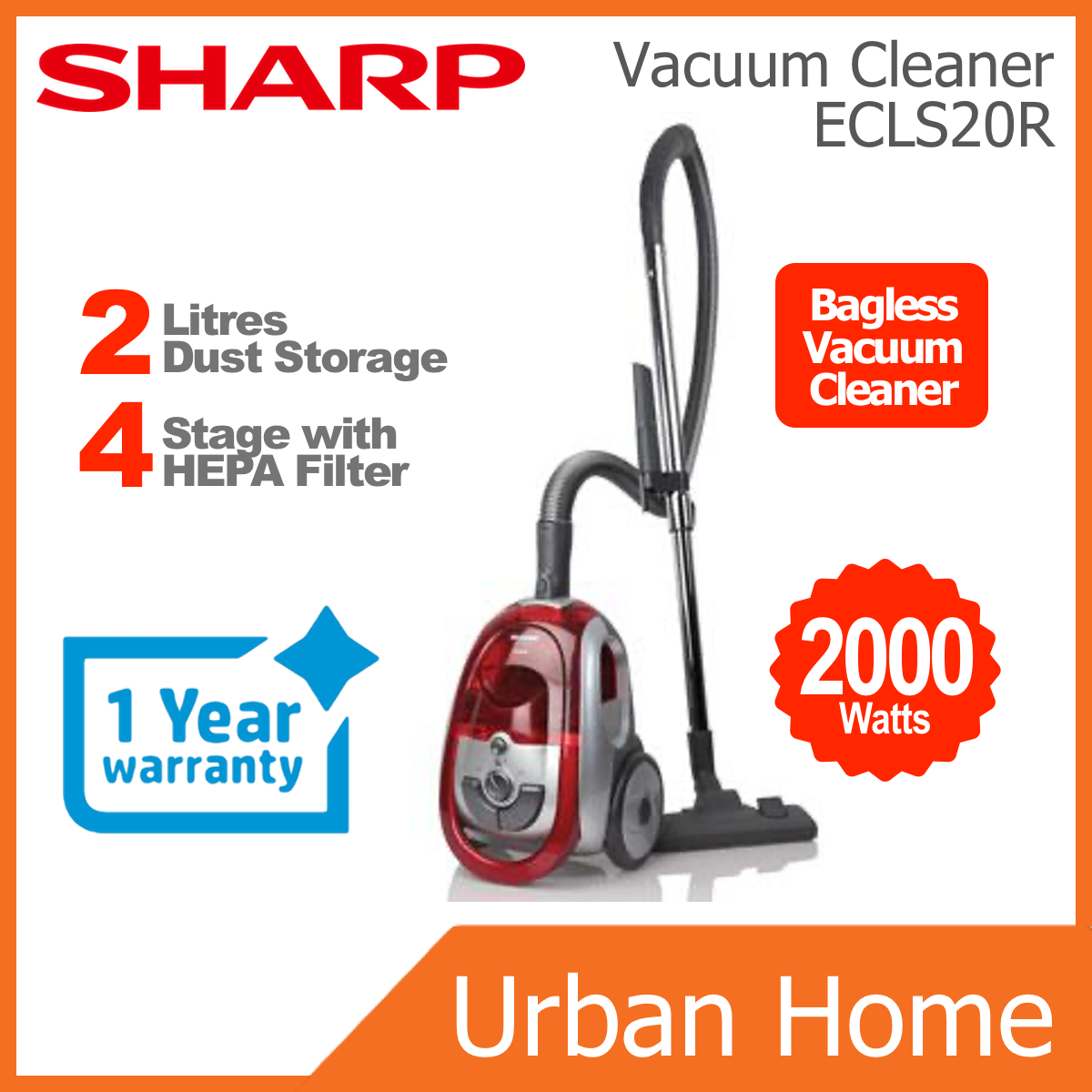 SHARP 2000w 2L Bagless HEPA Vacuum Cleaner (ECLS20R/ECLS20/EC-LS20/EC ...